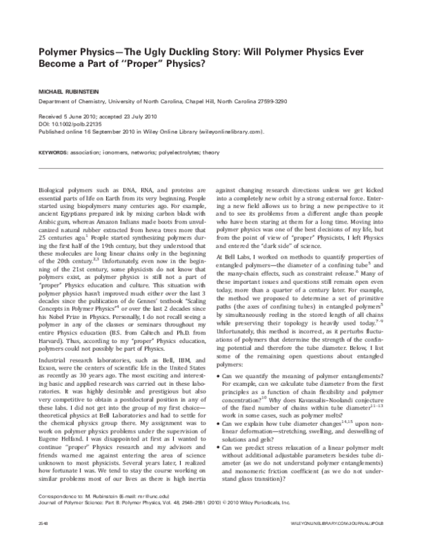 (PDF) Polymer physics-The ugly duckling story: Will polymer physics ...