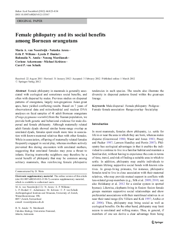 (PDF) Female philopatry and its social benefits among Bornean orangutans
