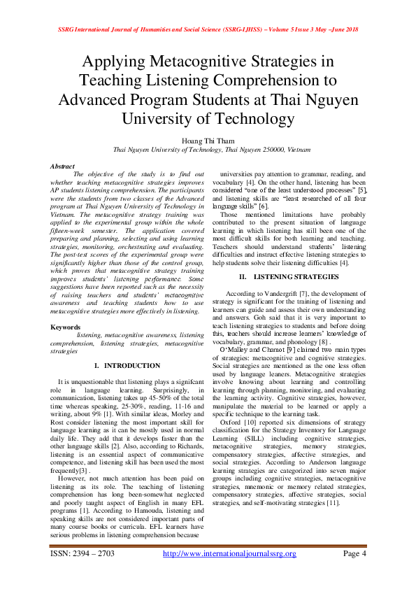 (PDF) Applying Metacognitive Strategies in Teaching Listening Comprehension to Advanced Program ...