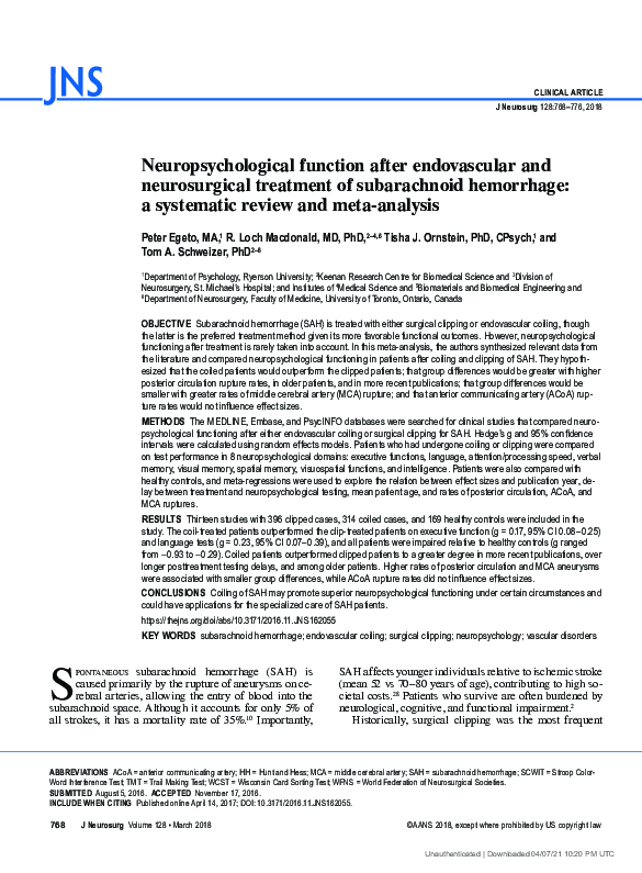 (PDF) Neuropsychological function after endovascular and neurosurgical ...
