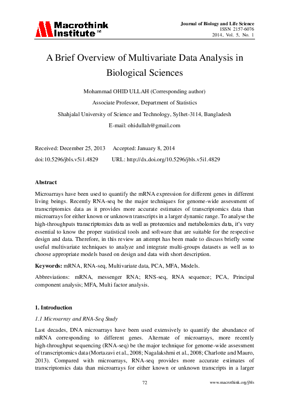 (PDF) A Brief Overview of Multivariate Data Analysis in Biological Sciences