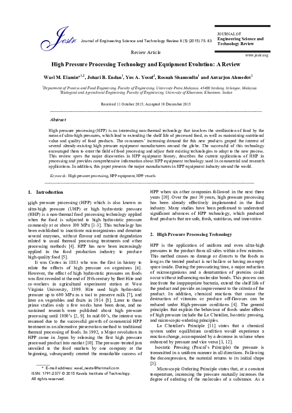 (PDF) High Pressure Processing Technology and Equipment Evolution : A Review