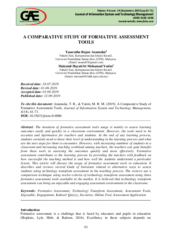 (PDF) A Comparative Study of Formative Assessment Tools