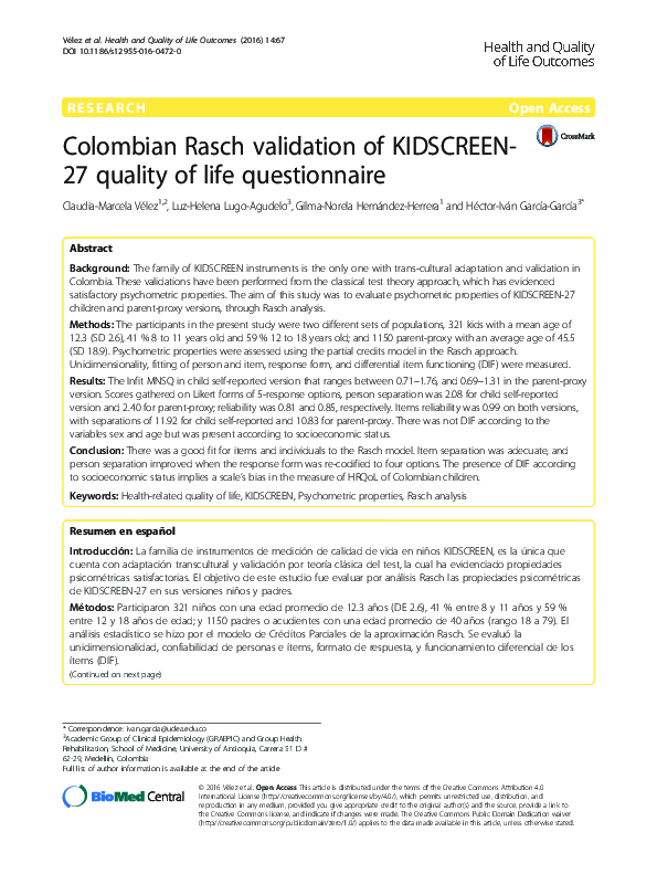 (PDF) Colombian Rasch validation of KIDSCREEN-27 quality of life ...