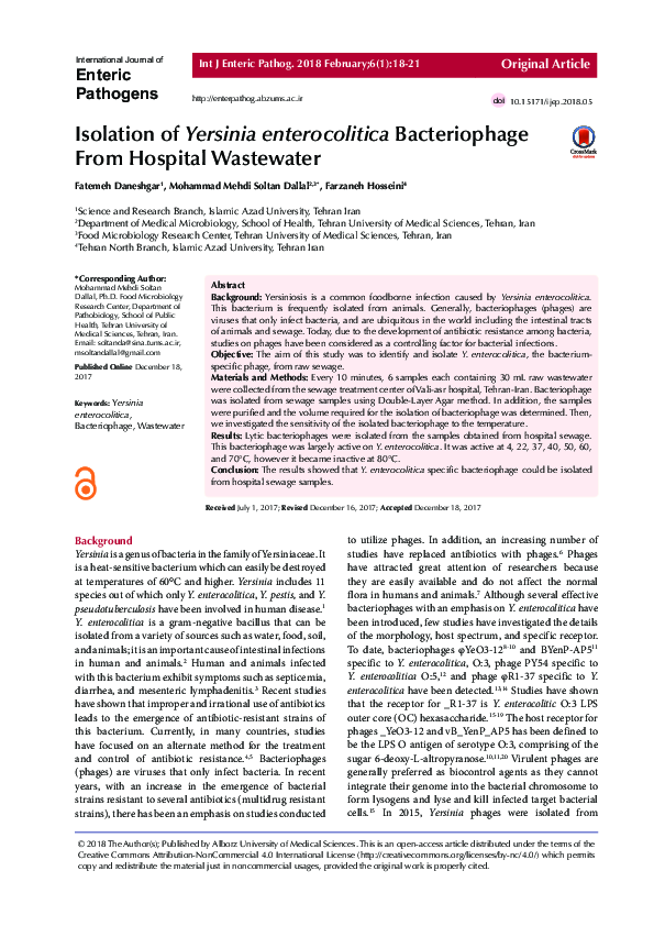 (PDF) Isolation of Yersinia enterocolitica Bacteriophage From Hospital ...