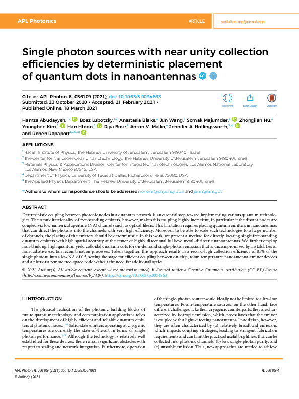 (PDF) Single photon sources with near unity collection efficiencies by ...