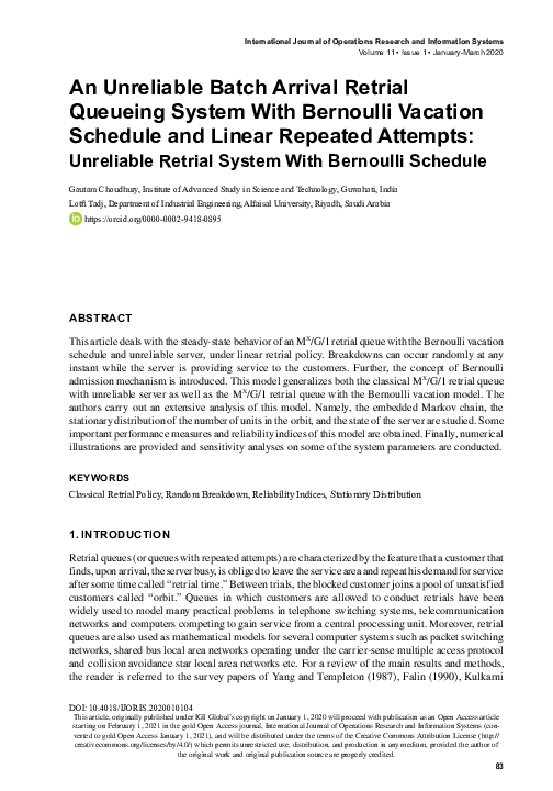(PDF) An Unreliable Batch Arrival Retrial Queueing System With Bernoulli Vacation Schedule and ...