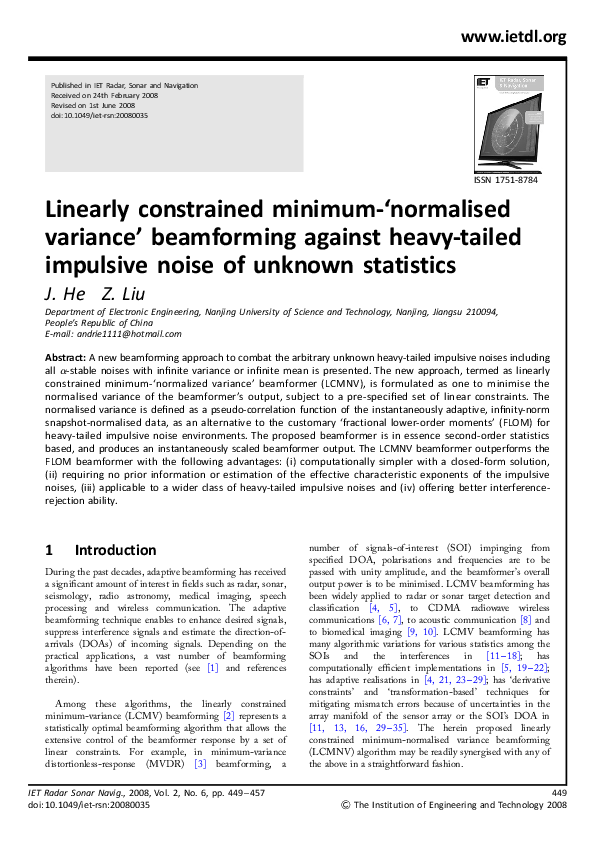Pdf Linearly Constrained Minimum ‘normalised Variance Beamforming Against Heavy Tailed 