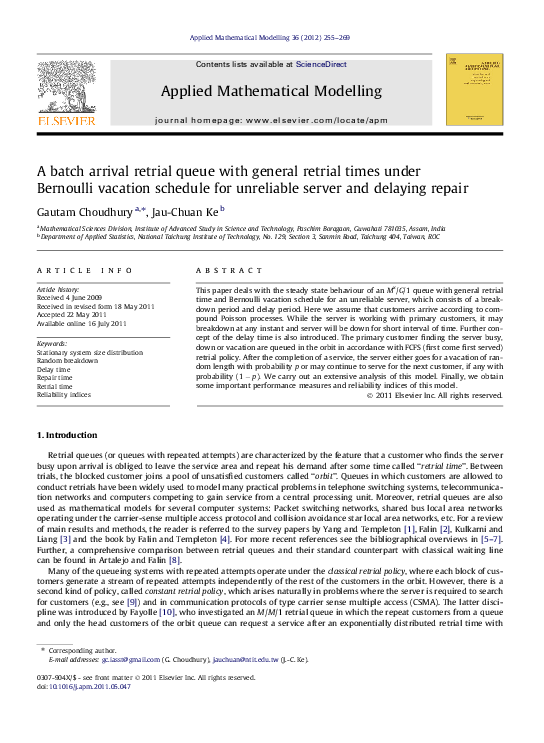(PDF) A batch arrival retrial queue with general retrial times under Bernoulli vacation schedule ...