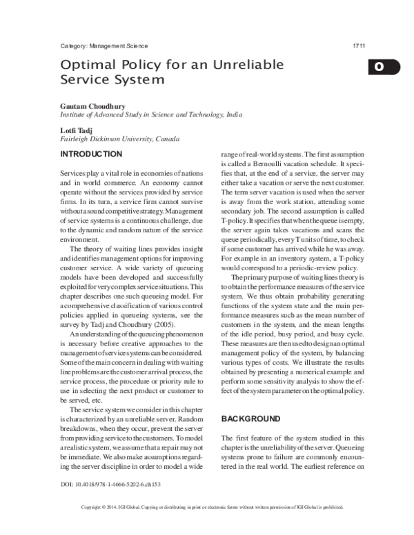 (PDF) Optimal Policy for an Unreliable Service System