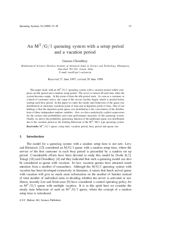 (PDF) An MX/G/1 queueing system with a setup period and a vacation period