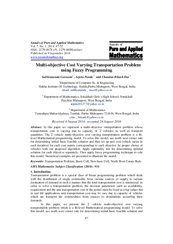 (PDF) Multi-objective Cost Varying Transportation Problem using Fuzzy Programming