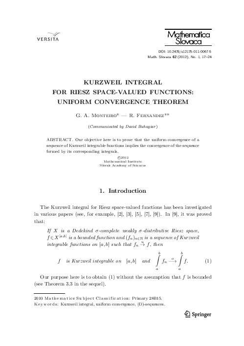 (PDF) Kurzweil integral for Riesz space-valued functions: Uniform convergence theorem