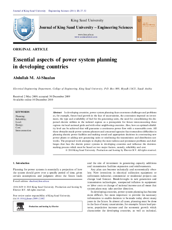 (PDF) Essential aspects of power system planning in developing countries