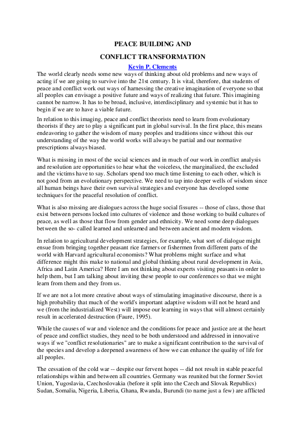 (PDF) Peace building and conflict transformation