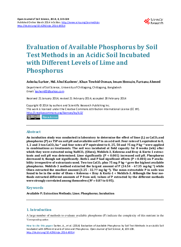 (PDF) Evaluation of Available Phosphorus by Soil Test Methods in an ...