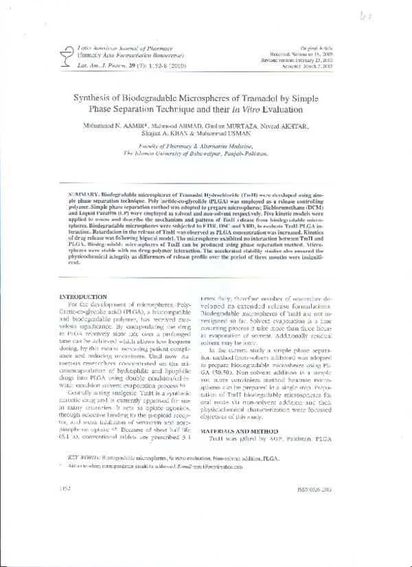 (PDF) Synthesis of biodegradable microspheres of tramadol by simple ...