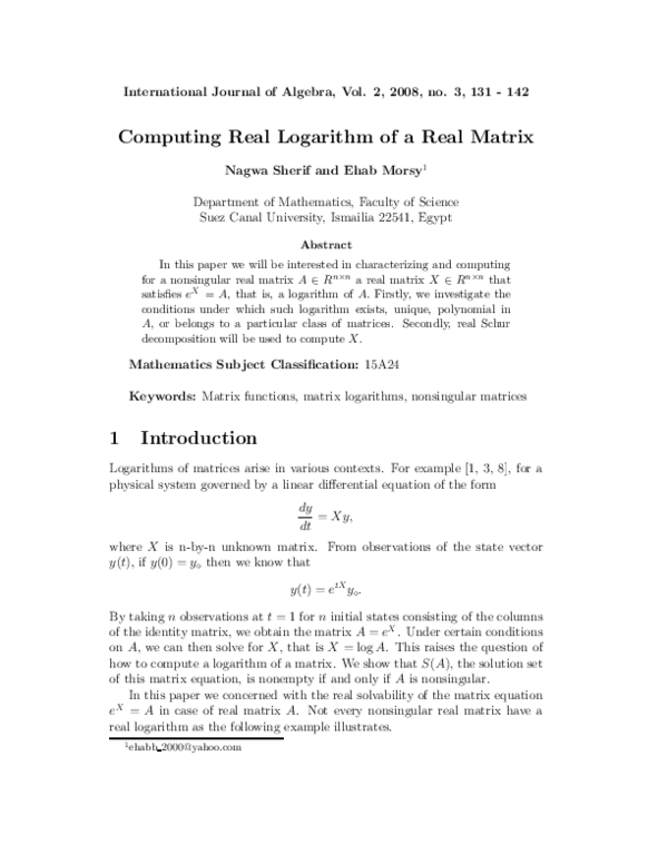 Pdf Computing Real Logarithm Of A Real Matrix