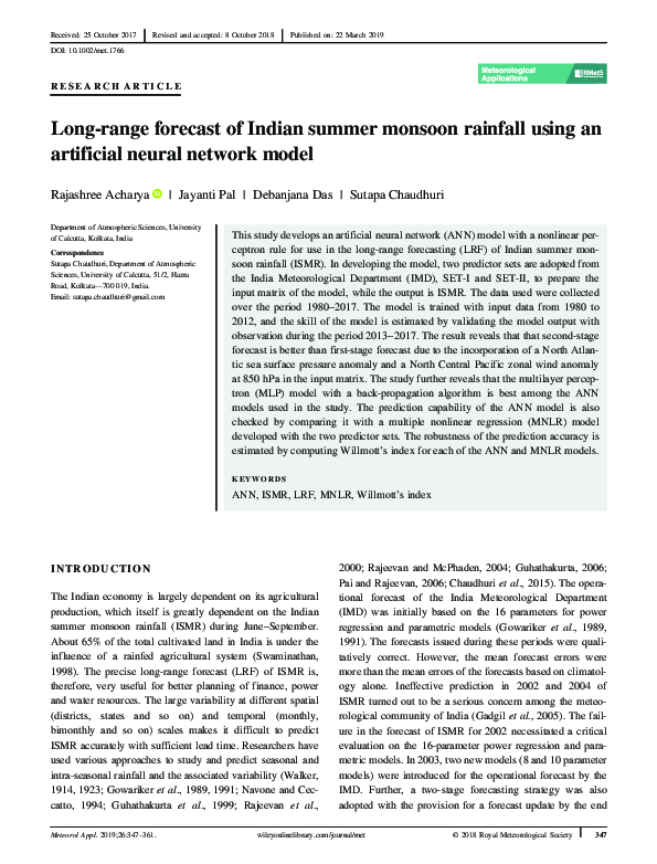 (PDF) Long‐range forecast of Indian summer monsoon rainfall using an ...