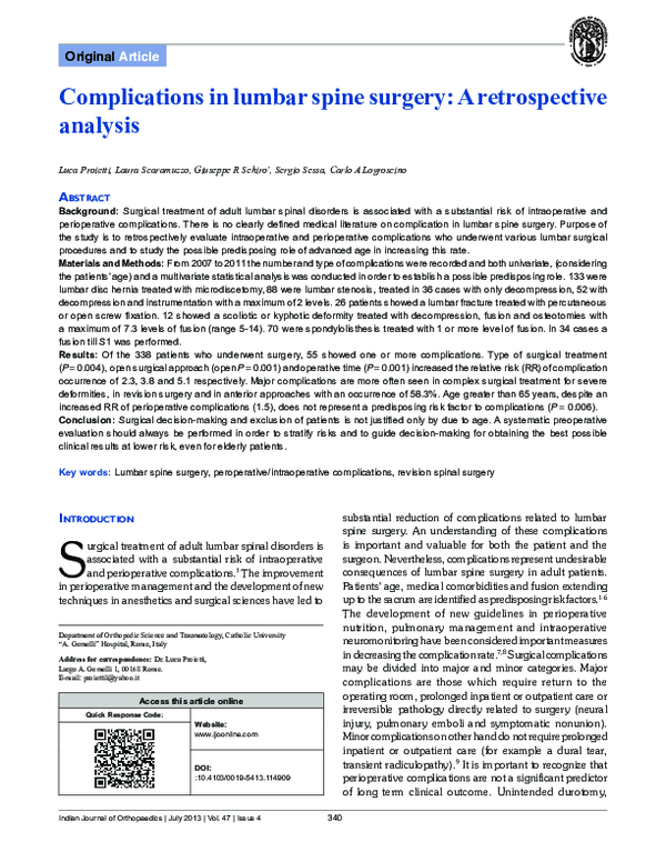 (PDF) Complications in lumbar spine surgery: A retrospective analysis (PDF) Complications in lumbar spine surgery: A retrospective analysis