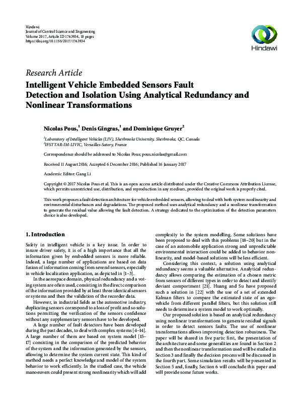 Pdf Intelligent Vehicle Embedded Sensors Fault Detection And Isolation Using Analytical