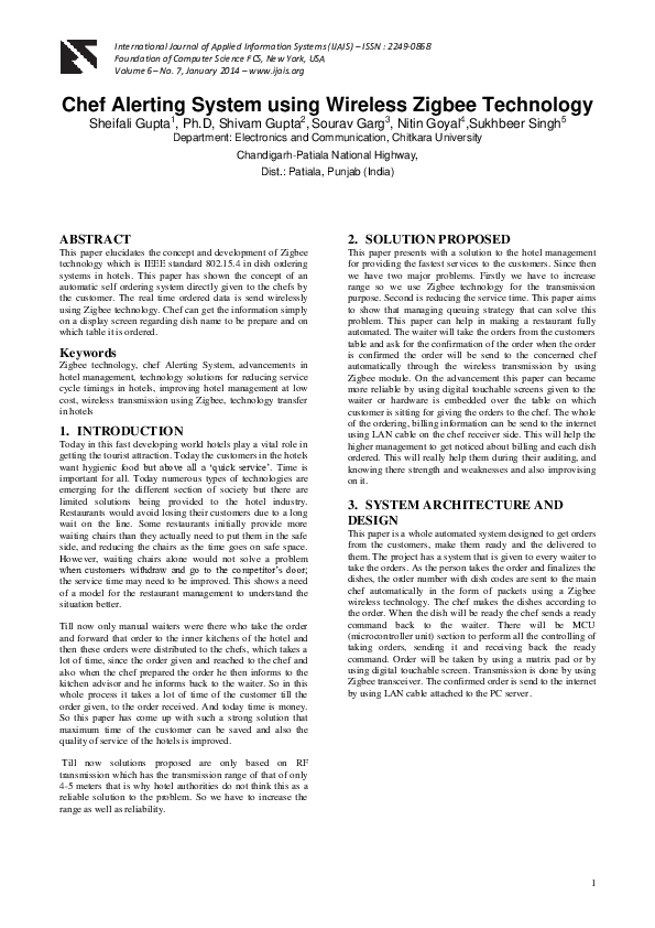 (PDF) Chef Alerting System using Wireless Zigbee Technology