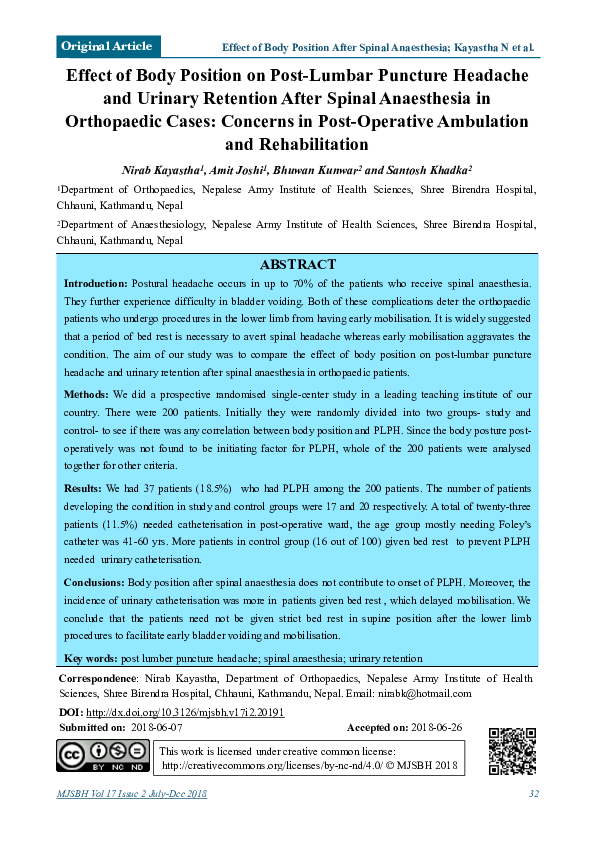 (PDF) Effect of Body Position on Post-Lumbar Puncture Headache and ...