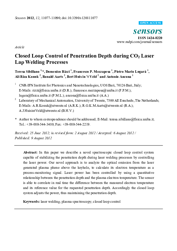 (PDF) Closed Loop Control of Penetration Depth during CO2 Laser Lap ...