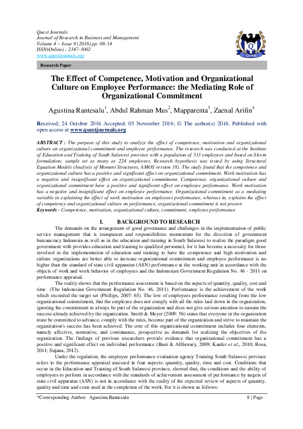 (PDF) The effect of competence, motivation and organizational culture on employee performance ...