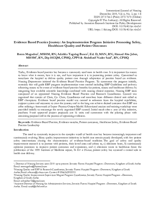 (PDF) Evidence Based Practice Journey: An Implementation Program Initiative Promoting Safety ...