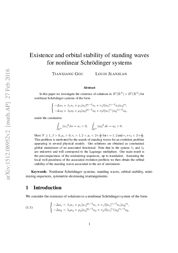 (PDF) Existence and orbital stability of standing waves for nonlinear Schrödinger systems