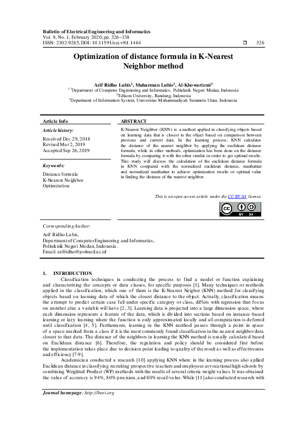 (PDF) Optimization of distance formula in K-Nearest Neighbor method (PDF) Optimization of distance formula in K-Nearest Neighbor method