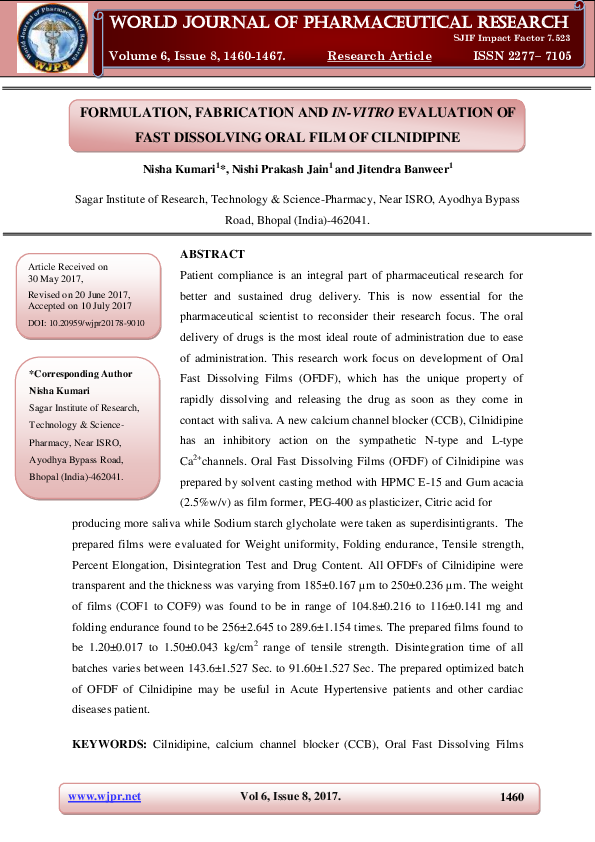 (PDF) Formulation, Fabrication and In-Vitro Evaluation of Fast ...