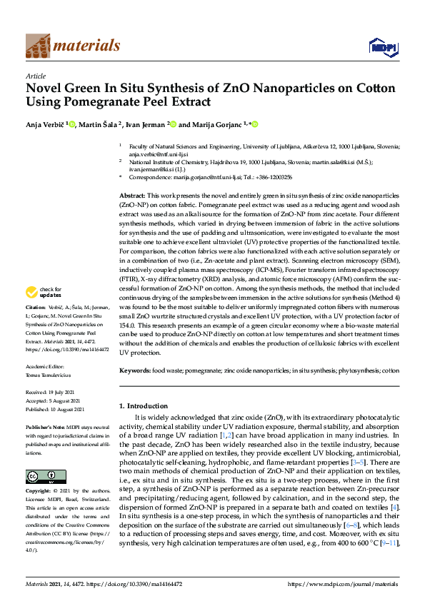 (PDF) Novel Green In Situ Synthesis of ZnO Nanoparticles on Cotton Using Pomegranate Peel ...