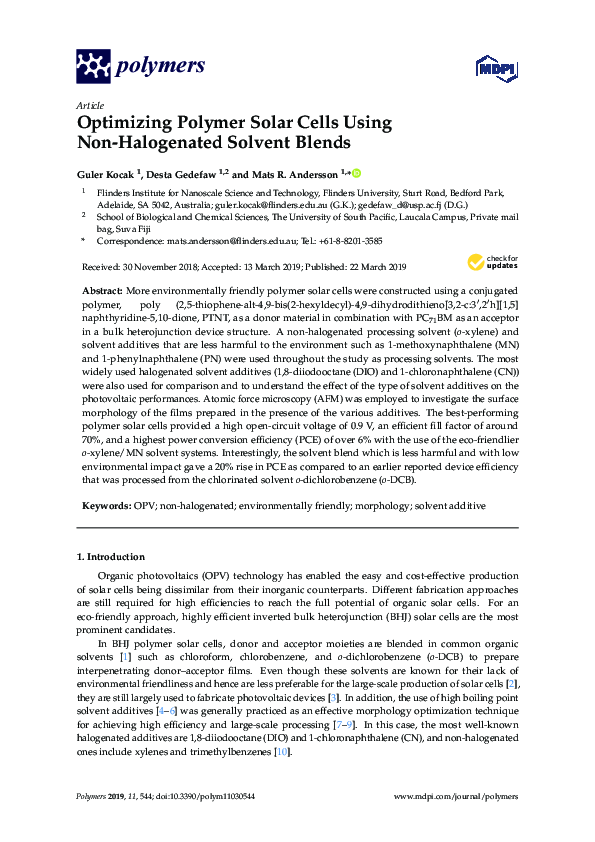 (PDF) Optimizing Polymer Solar Cells Using Non-Halogenated Solvent Blends