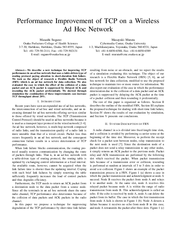 (PDF) Performance improvement of TCP on a wireless ad hoc network