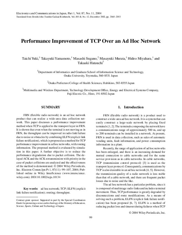 Pdf Performance Improvement Of Tcp Over An Ad Hoc Network