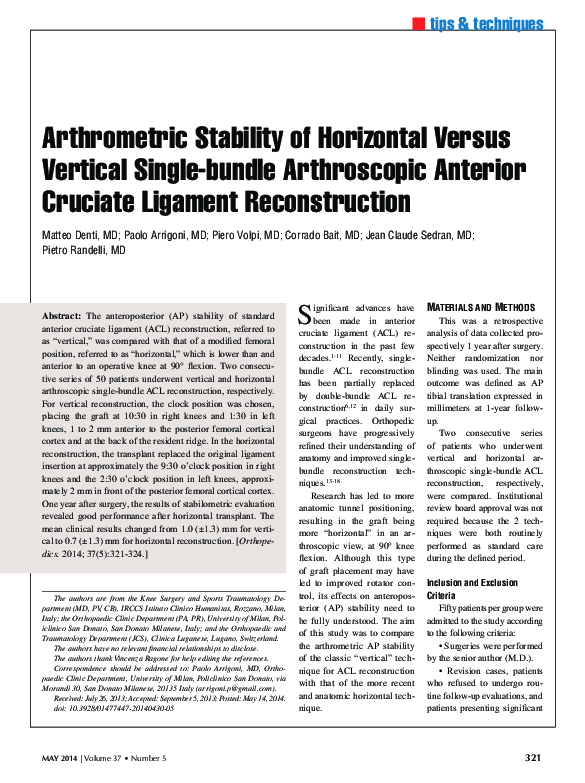 (PDF) Arthrometric Stability of Horizontal Versus Vertical Single-bundle Arthroscopic Anterior ...