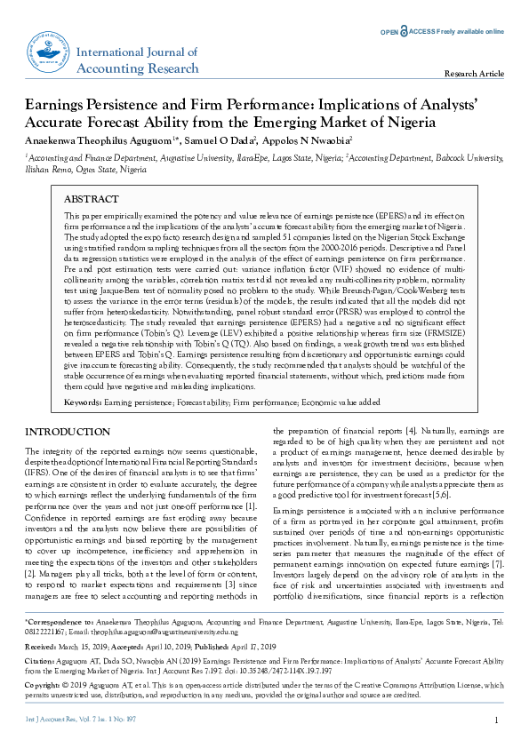 (PDF) Earnings Persistence and Firm Performance: Implications of ...