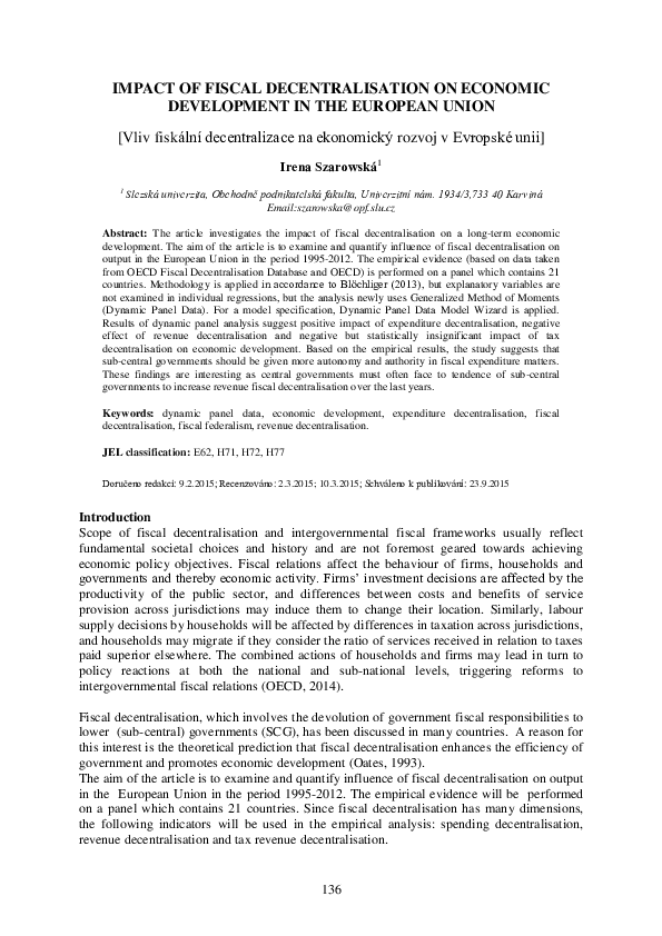 (PDF) Impact of Fiscal Decentralisation on Economic Development in the ...
