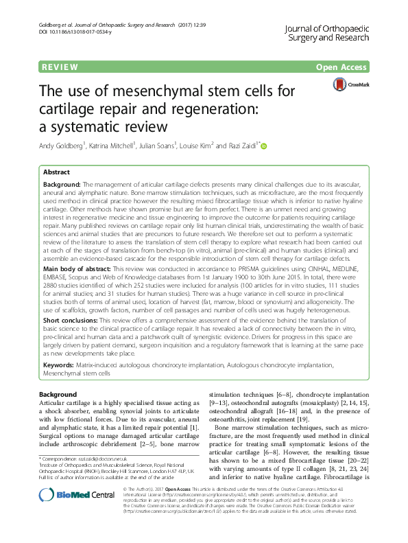 Pdf The Use Of Mesenchymal Stem Cells For Cartilage Repair And