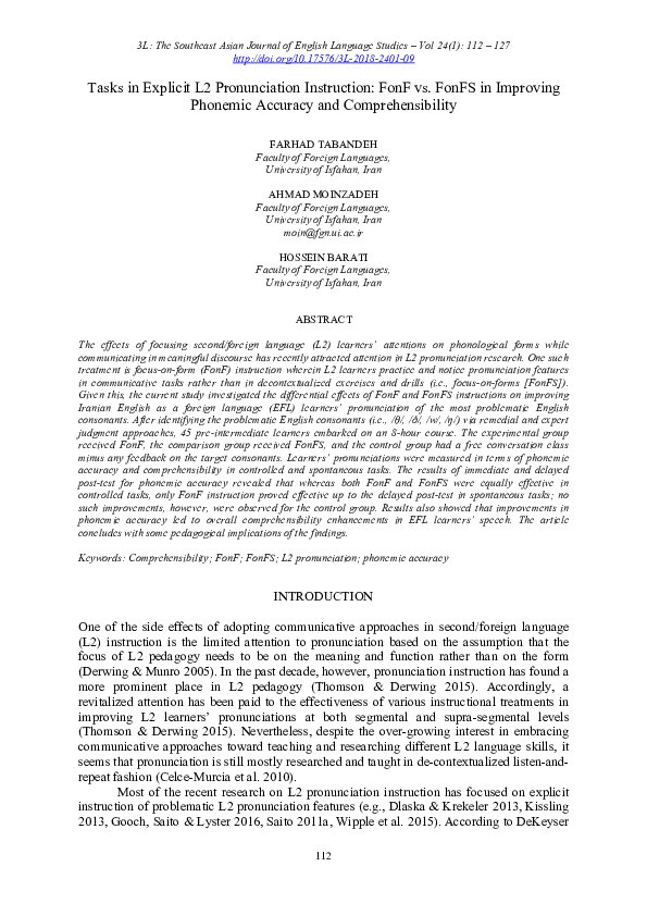 Pdf Tasks In Explicit L2 Pronunciation Instruction Fonf Vs Fonfs In Improving Phonemic