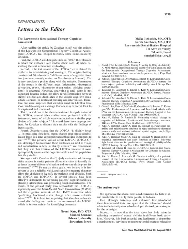 (PDF) The Loewenstein Occupational Therapy Cognitive Assessment