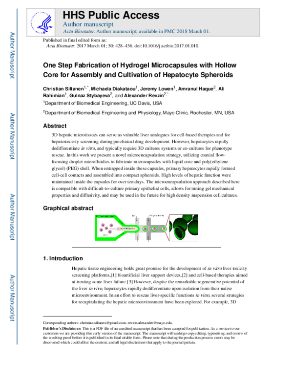 (PDF) One step fabrication of hydrogel microcapsules with hollow core ...