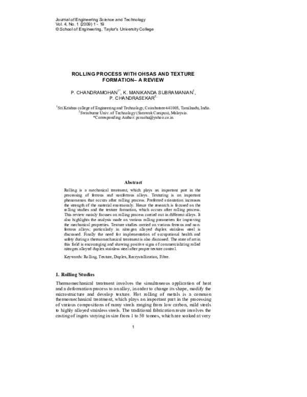(PDF) Rolling Process with Ohsas and Texture Formation– a Review