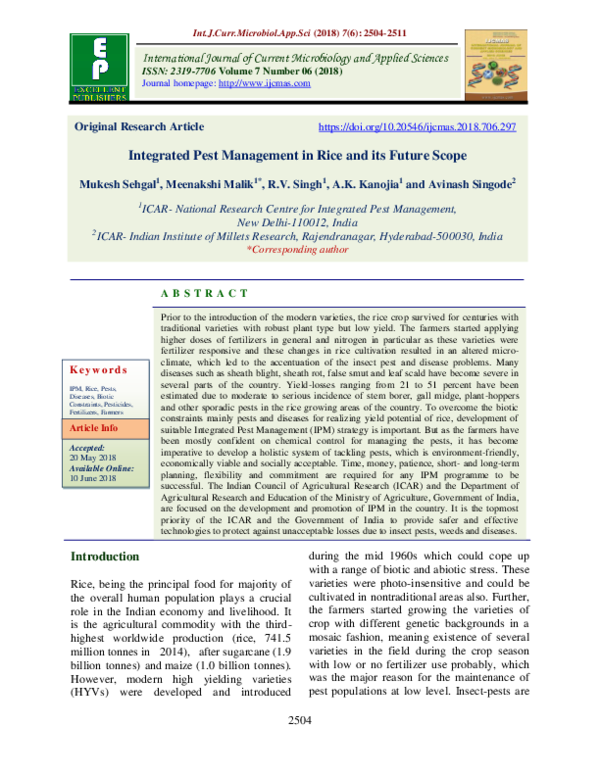 (PDF) Integrated Pest Management in Rice and its Future Scope