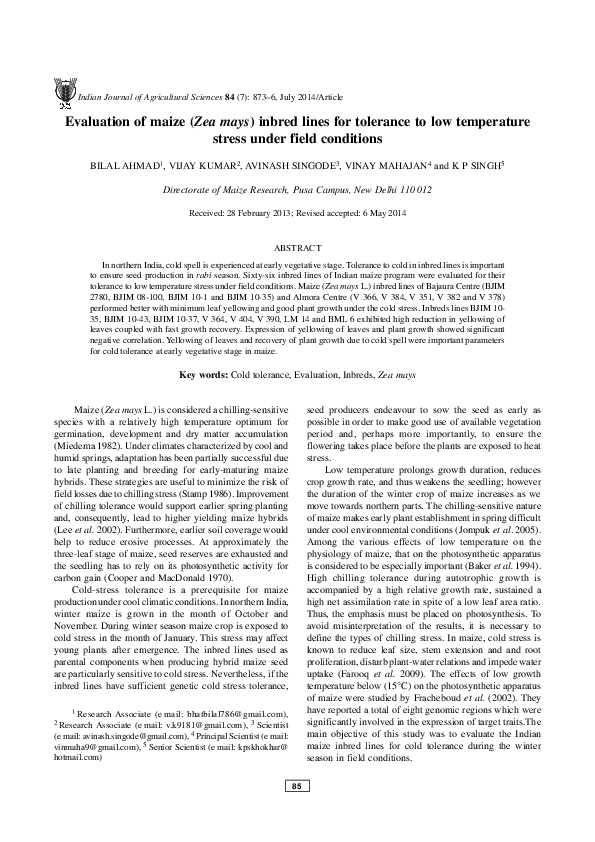 (PDF) Evaluation of maize (Zea mays) inbred lines for tolerance to low temperature stress under ...
