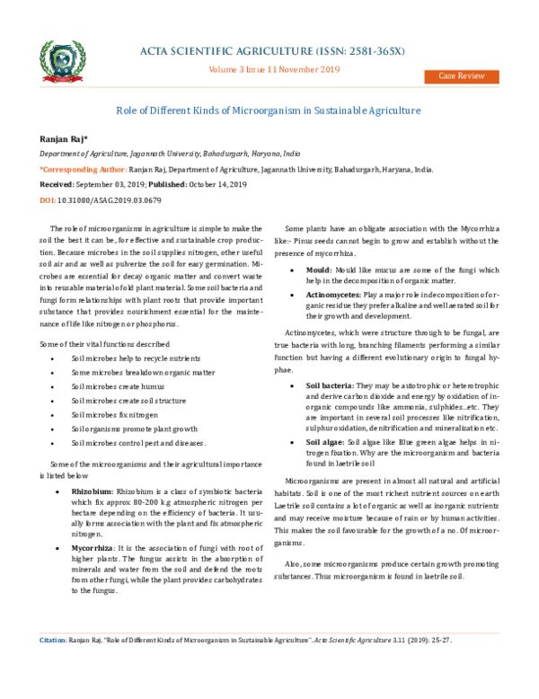 (PDF) Role of Different Kinds of Microorganism in Sustainable Agriculture