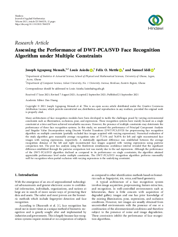 Pdf Assessing The Performance Of Dwt Pca Svd Face Recognition