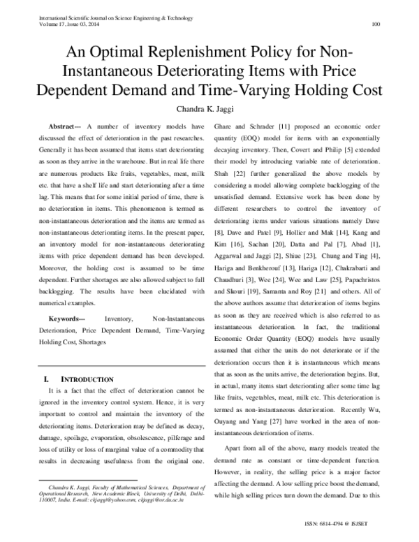 Pdf An Optimal Replenishment Policy For Non Instantaneous Deteriorating Items With Price